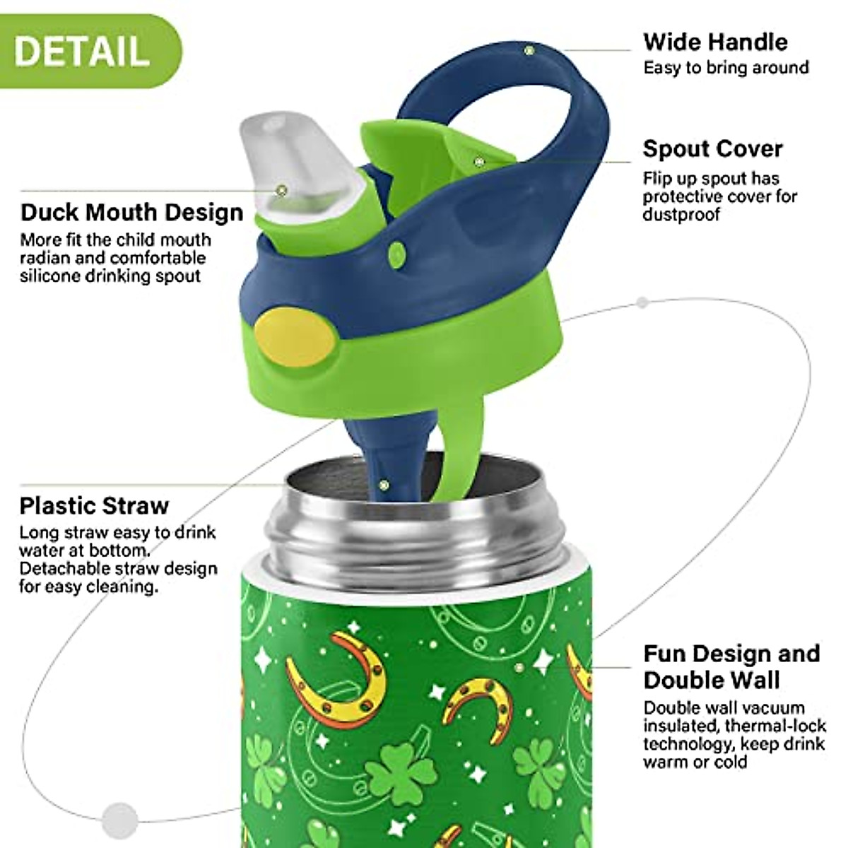 xigua Saint Patrick's Day Kids Water Bottle Double Walled Stainless Steel with Plastic Straw Wide Handle BPA-Free Leakproof Duck Mouth for Toddlers,Girls,Boys,12 oz