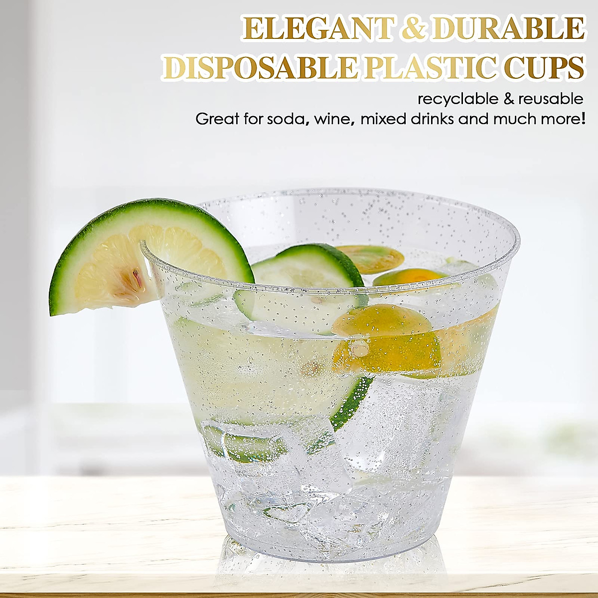 FOCUSLINE 9 oz Silver Plastic Cups, Disposable Clear Fancy Hard Plastic Cups, Silver Glitter, Heavy Duty, Reusable,100 Count