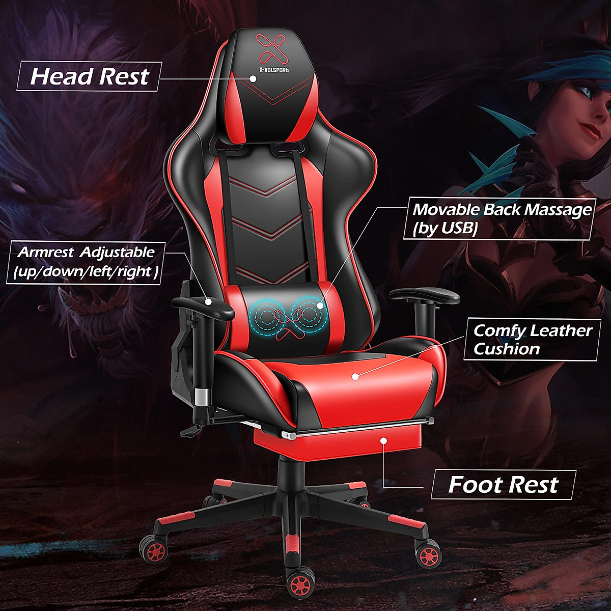 X-VOLSPORT Massage Gaming Chair with Footrest Reclining High Back Ergonomic Office Chair with Lumbar Support and Headrest Computer Chair Red Desk Chair