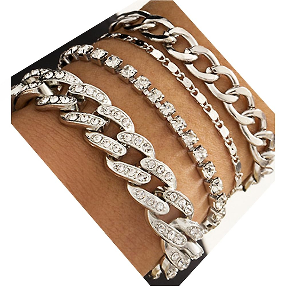 Kercisbeauty 4pcs Women Dainty Bracelet Set with Lock Toggle Clips Pendant Cuff and Chunky Chain Bracelets Punk Jewelry (Silver)