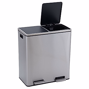 Design Trend Stainless Steel Dual Compartment Trash Can Recycler with Soft Close Lids | Two 30 Liter / 8 Gallon Bins, 60 Liter, Silver