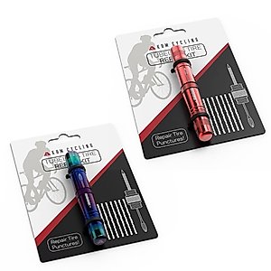 KOM Cycling Tubeless Tire Repair Kit for Bikes – Red and Iridescent Bundle! Fixes Mountain Bike and Road Bicycle Tire Punctures – Includes Tire Repair Fork and Reamer, 8 Bacon Strips.