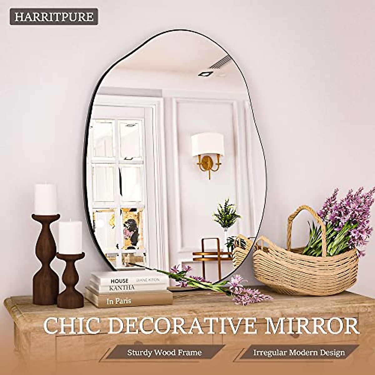 HARRITPURE Irregular Wall Mirror 22"x32" Black Asymmetrical Bathroom Mirror Wood Framed Modern Decorative Vanity Mirrors for Bedroom Living Room Entryway