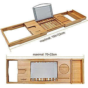 Bamboo Bathtub Caddy Tray, Expandable Bath Tray for Luxury Bath, Wooden Tub Tray with Reading Rack or Tablet Holder, Phone & Wine Glass Holder