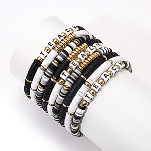 NLCAC 9 Pack Preppy Teacher Bracelets Stackable Rainbow Heishi Teach Beaded Stretch Surfer Bracelet Teacher Appreciation Gifts Back to School Jewelry