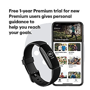 Fitbit Inspire 2 Health & Fitness Tracker with a Free 1-Year Premium Trial, 24/7 Heart Rate, Black/Black, One Size (S & L Bands Included) (Renewed)