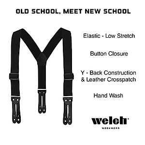 Welch, WK-3854Y-LEF-BLK, Tuff Stuff Work Suspenders for Men and Women - Button on Pants, Heavy Duty 2" wide Elastic, Adjustable Strap, for Jeans, Pants, and Trousers, Size Medium, Black
