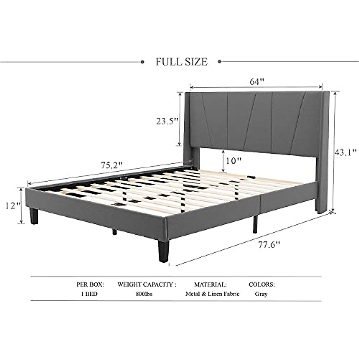 Benevika Full Size Bed Frame with Modern Geometric Wingback Headboard, Upholstered Platform with Wooden Slats, No Box Spring Needed, Mattress Foundation, Grey