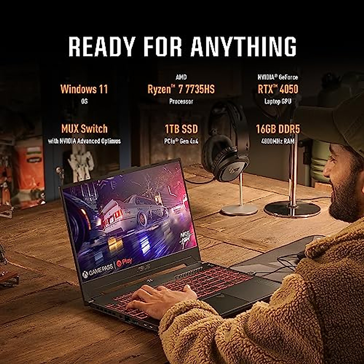 ASUS TUF Gaming A15 (2023) Gaming Laptop, 15.6” FHD 144Hz, 100% sRGB Display, GeForce RTX 4050, AMD Ryzen 7 7735HS, 16GB DDR5, 1TB PCIe SSD, Wi-Fi 6E, Windows 11, FA507NU-DS74,Mecha Gray