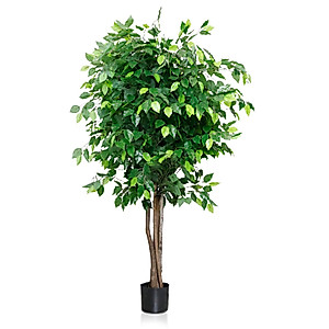 Worth Garden 5.2ft Artificial Plants, Realistic Fake Fiddle Leaf Fig Tree,63in Faux Silk Plant,Ficus Lyrata Plant Greenery for Office,1596 Leaves,Indoor Outdoor Decor,Black pot & 20g Dry Moss Included