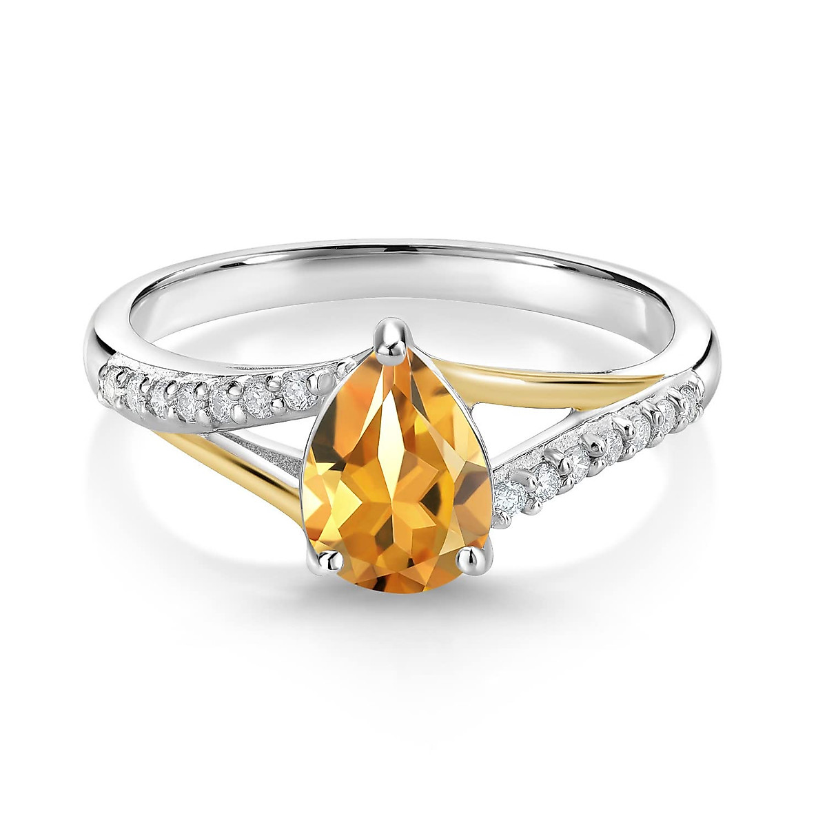 Gem Stone King 925 Silver and 10K Yellow Gold 8X6MM Pear Shape Gemstone Birthstone and White Lab Grown Diamond Engagement Ring For Women | Available In Size 5, 6, 7, 8, 9