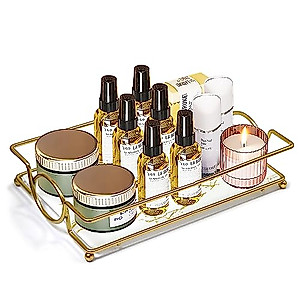 MYITYARD Vanity Tray, Bathroom Countertop Decorative Perfume Tray, Metal and Glass Tray for Jewelry, Makeup, Votive Candle Storage Organizer, 10.6" x 6.3", Gold