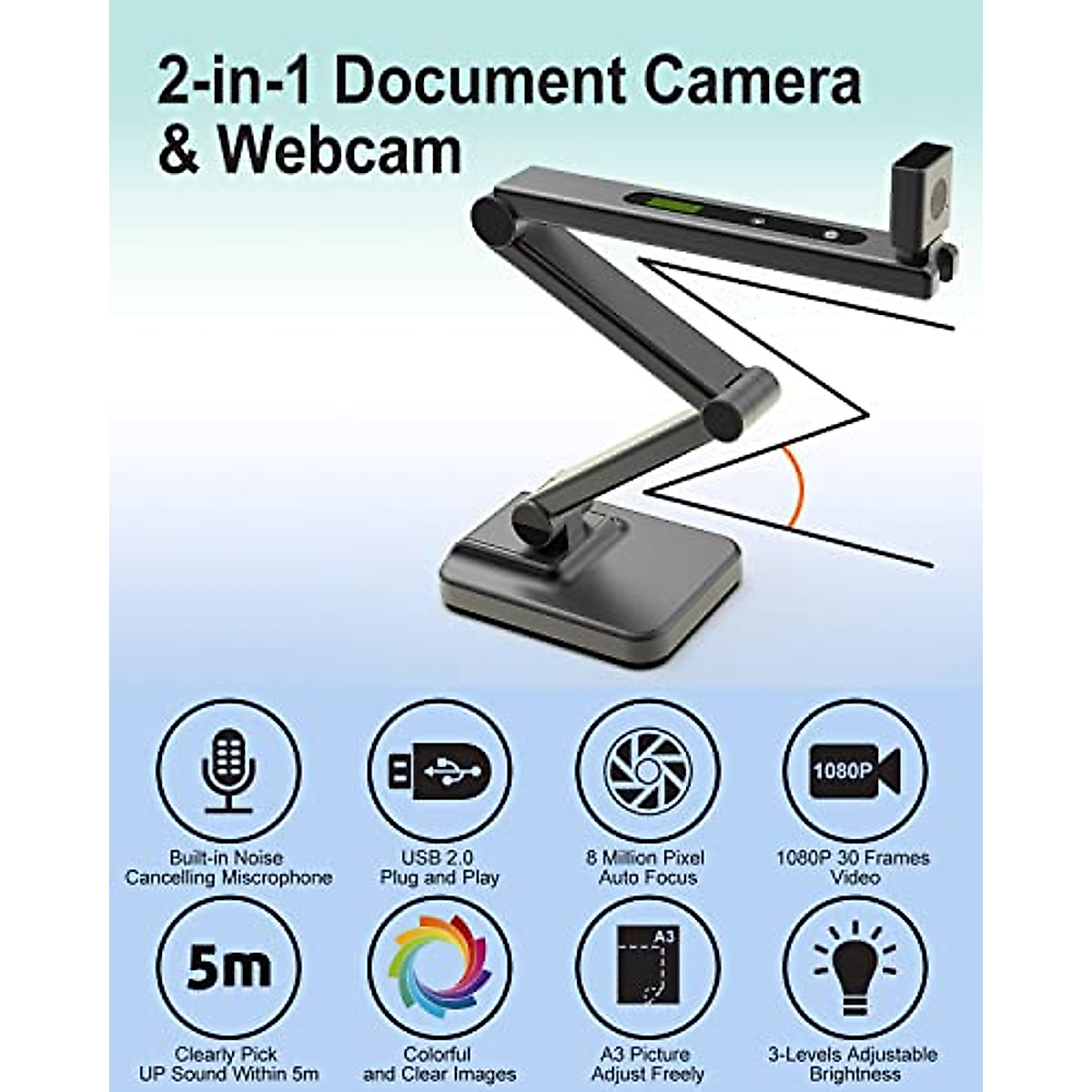 VIZOLINK 8MP Document Camera & Webcam with Noise-Canceling Microphone, A3-Size Capture, Auto Focus, 3-Levels Adjustable Brightness, for Live Demo, Home Office, Remote Teaching
