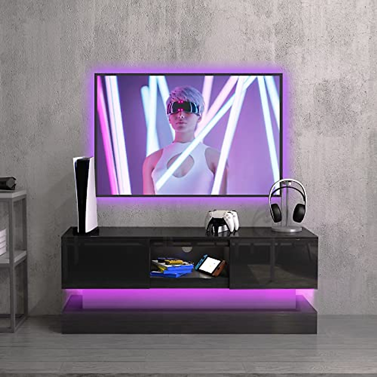 ARMCONE LED TV Stand, Media Entertainment Center, TV Stand for 55 60 Inch TV, Modern Industrial Floor Standing TV Cabinet with Storage, Black Entertainment Center, TV Console Home Furniture