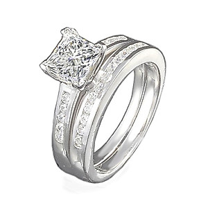VenetiaDiamond.com REALISTIC TOP GRADE 1 CARAT CONTEMPORARY PRINCESS CUT RING SET 925 SILVER (7)