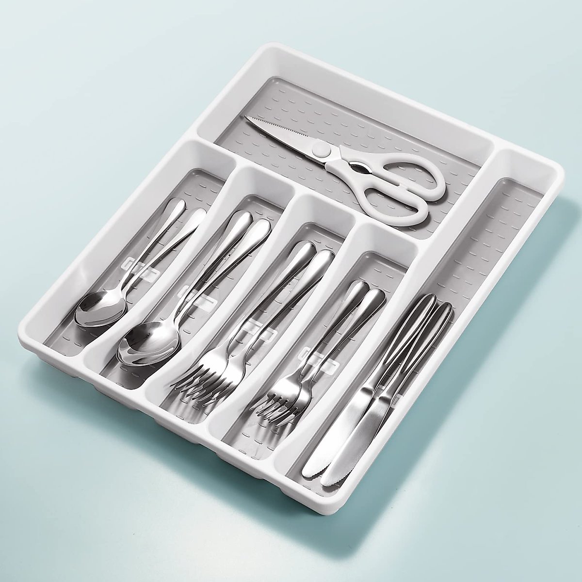 Joequality Silverware Organizer with Icons，Plastic Cutlery silverware Tray for Drawer，Utensil Tableware Flatware Organizer for Kitchen with Non-slip TPR,Fits Oversized Drawer,6-Compartment，Grey
