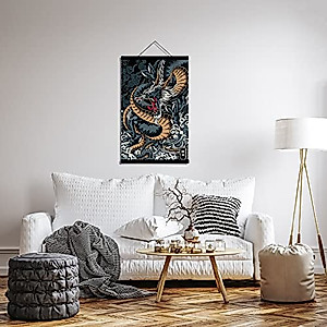 DALIHEBO Japanese Decoration Art Dragon Painting Wall Art canvas Poster Set of 1 Prints Black Can Be Hung Magnetic Wooden Frame (16x24 inch)