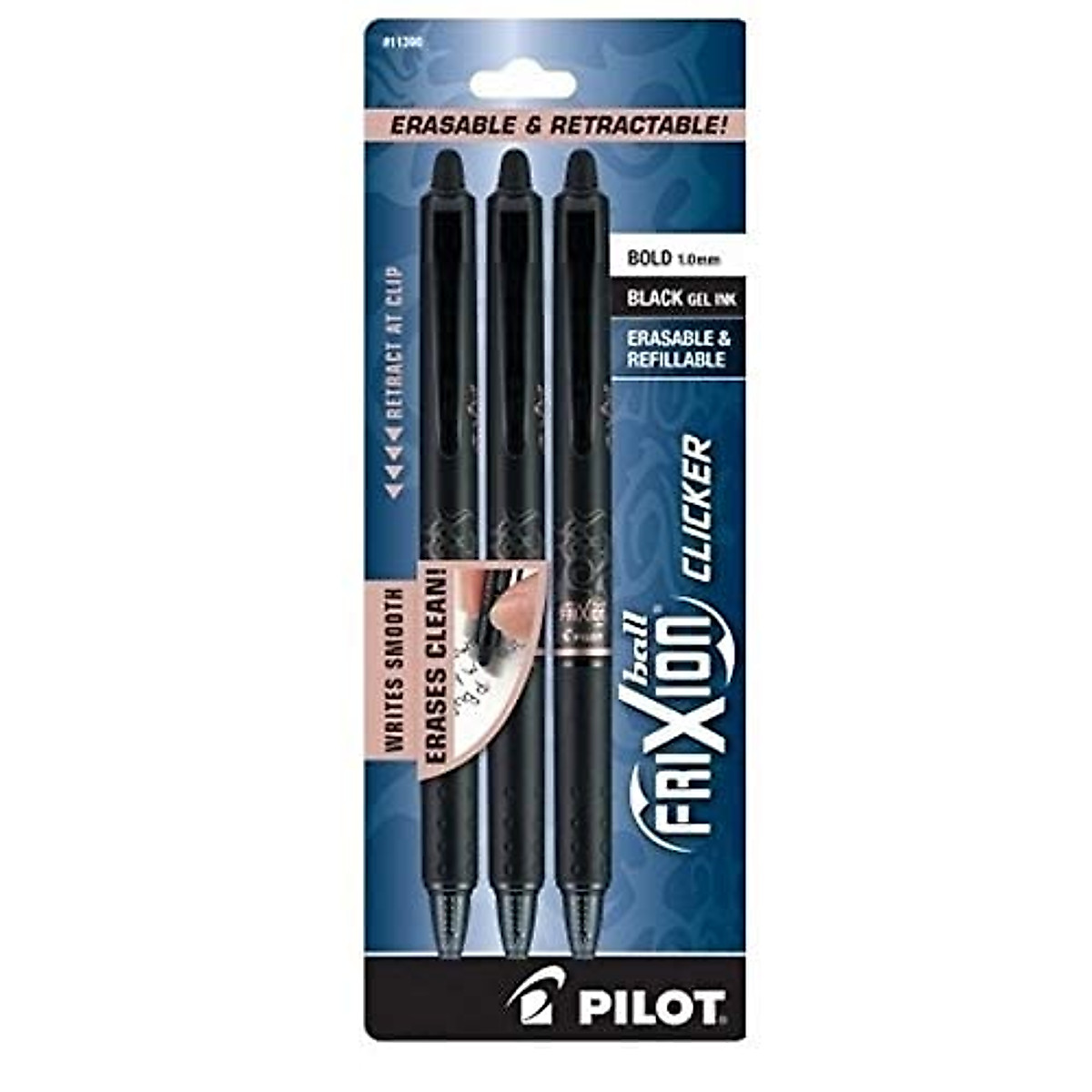 (2) Pilot Frixion Clicker Erasable Pen Black Gel ink. 3 pack Bold, 1.0 mm, 11390