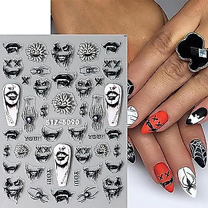 6 Sheets Halloween Nail Stickers 5D Stereo Relief Nail Decals for Acrylic Nail Art Gothic Evil Eyes Ghost Face Skeleton Pegatinas Uñas Self-Adhesive Nail Art Supplies Sky Wings Design Nail Accessories