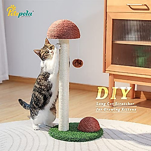 PETEPELA Cat Scratching Post, Mushroom Tall Cat Scratcher Featuring with Natural Sisal Scratching Poles and Interactive Toy Ball for Kittens and Small Cats (Brown)