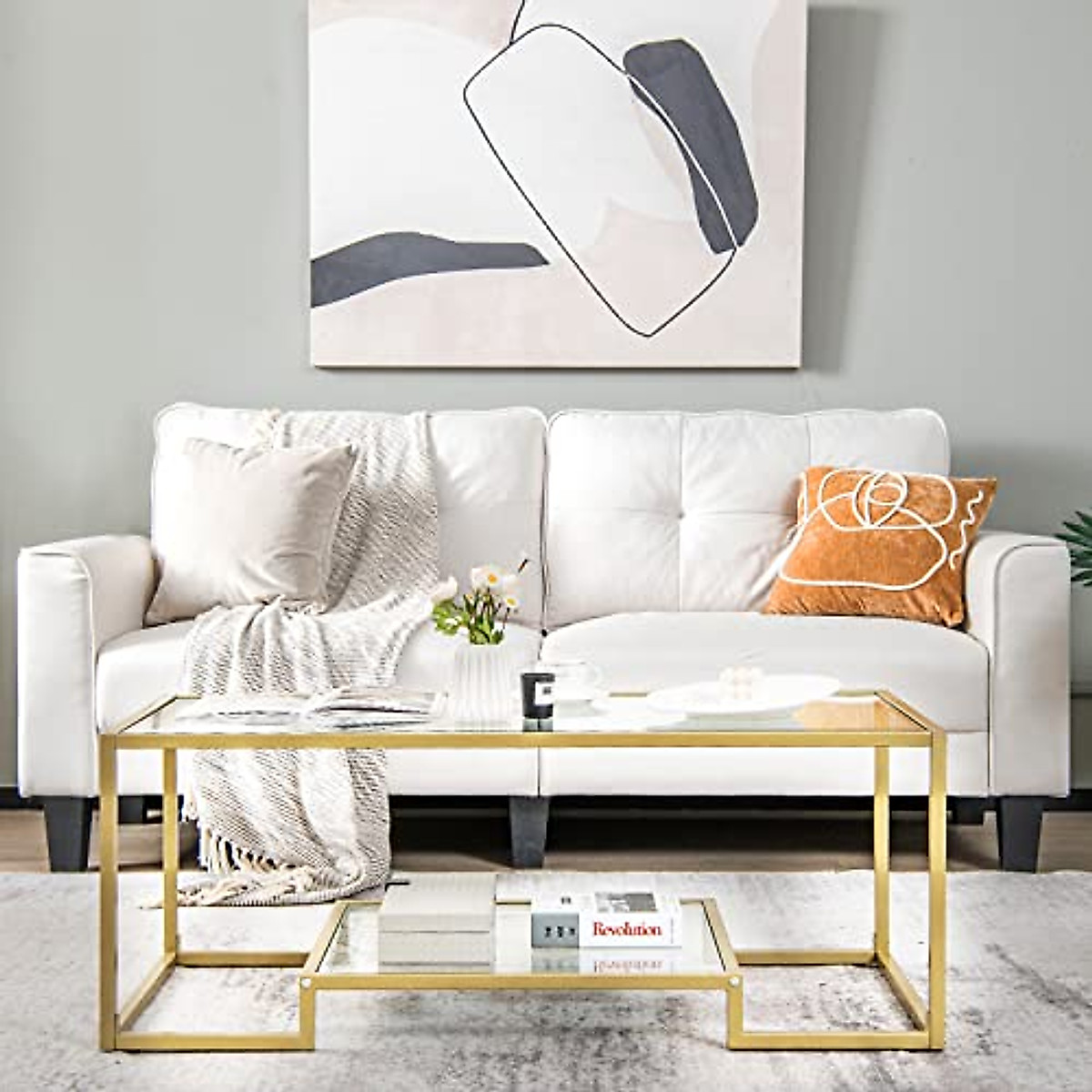 Tangkula Rectangular Glass Coffee Table, 45in Wide Modern Tempered Glass Center Table with Golden Steel Frame, 2 Tier Accent Table Home Furniture Décor for Tea Living Room Office (Gold, 45'' Wide)