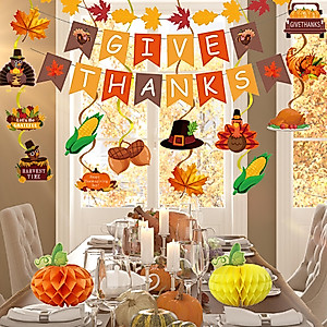 32Pcs Thanksgiving Decorations, GIVE THANKS Banner,Maple Leaf Garland,Autumn Hanging Swirls,Pumpkin Honeycomb Balls for Fall Hanging Party Supplies