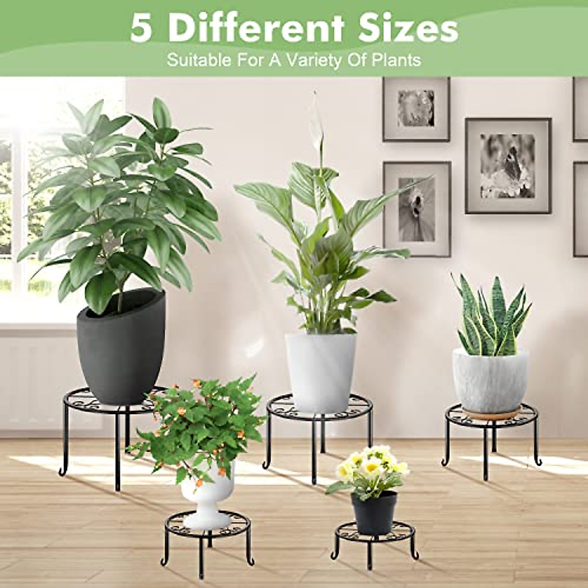 ENDAAR 5-Pack Decent Metal Plant Stands, Multiple Height Size Corner Plant Holders for Different Sizes of Flower Pots, Indoor Outdoor Planter Container Round Supports Display for Home, Patio,Black