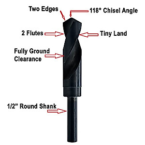 MAXTOOL 61/64" Silver and Deming Drill Bits HSS M2 S & D Drill Bits Prentice Twist Drills Black Oxide 1/2" Reduced Shank 6" OAL; SD02B00R061