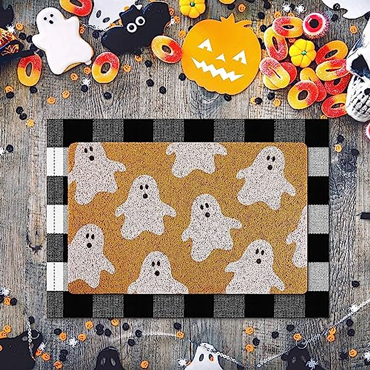 Fabbay 2 Pcs Doormat Home Imitation Coir Autumn Thanksgiving Halloween Doormat with Rubber Non Slip Backing Checkered Buffalo Plaid Rug for Layering Decor Front Door Entrance Mat (Ghost)