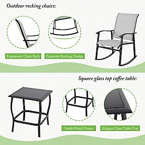 Shintenchi 3 Piece Rocking Bistro Set, Outdoor Furniture with Rocker Chairs and Glass coffee table set of 3, Balcony, Porch Furniture for Small Space, Light Gray