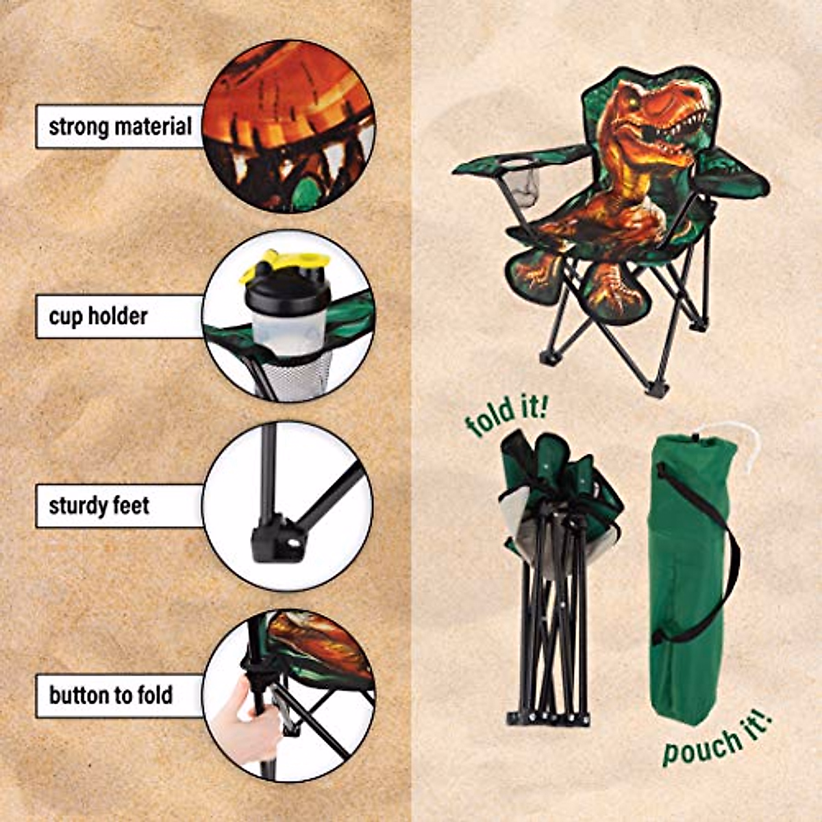 Toy To Enjoy Outdoor Dinosaur Chair for Kids – Foldable Children’s Chair for Camping, Tailgates, Beach, – Carrying Bag Included Mesh Cup Holder & Sturdy Construction. Ages 5 to 10 (Patent Pending)