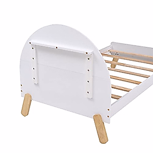 OPTOUGH Twin Size Wooden Cute Platform Bed with Curved Headboard,Bed Frame with Slat Supports and Shelf Behind Headboard for Kids Boys Girls,White