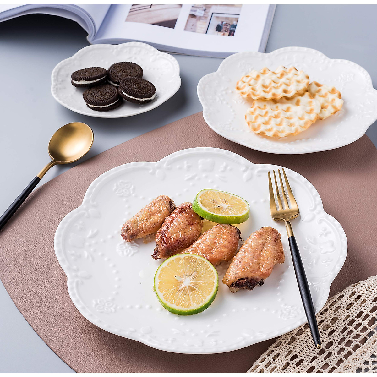 Jusalpha Embossed Lace Porcelain Plate-Dinner Plate Set, Pasta/Salad/Dessert Plate， Tableware Set for Restaurant Family Party Kitchen Use -4 Pieces, FD-PL15 (10 Inche, White)