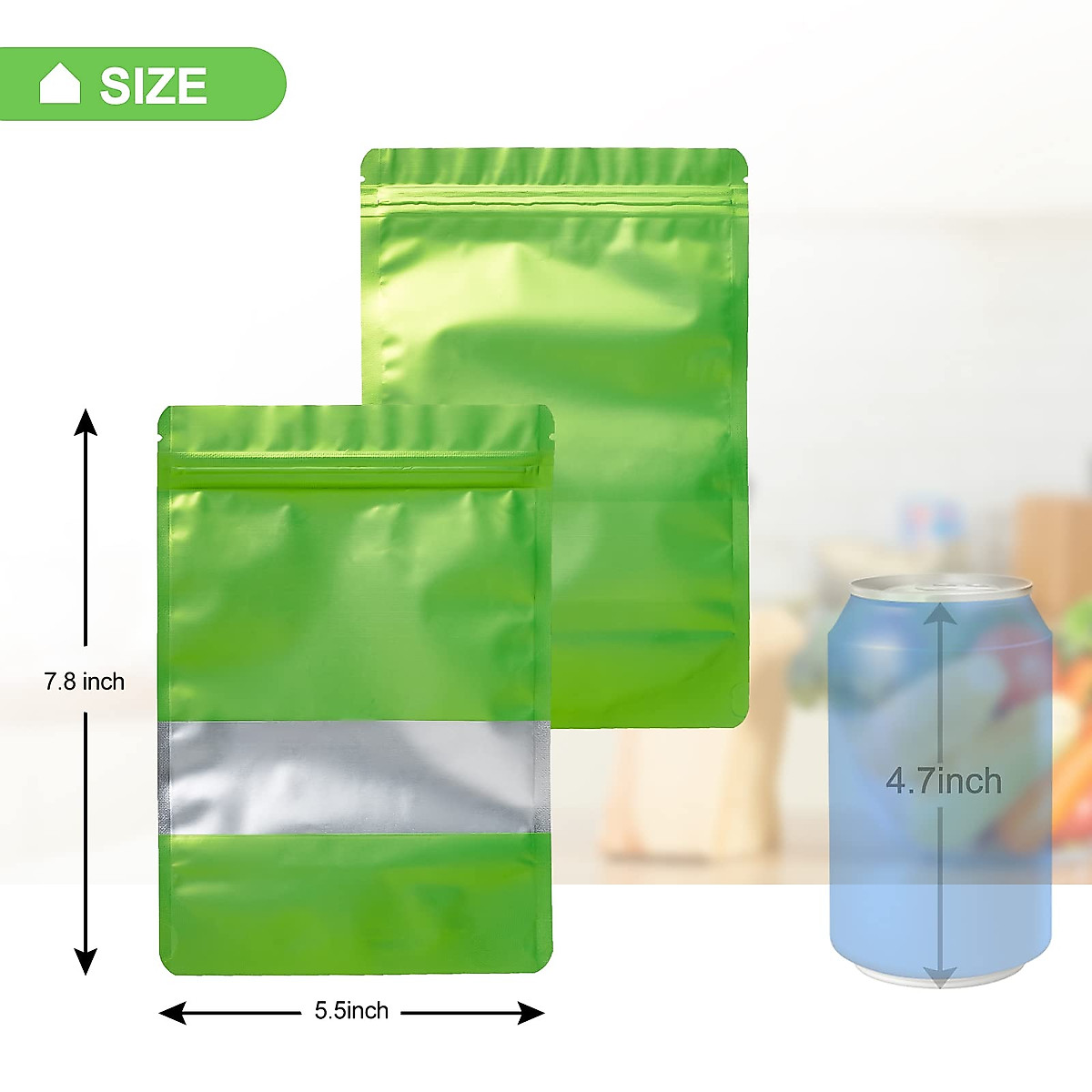 TOCKONIMN Stand-up Pouch Smell-Proof Edible Bag Packaging for Food-Storage 100 Pack Resealable Containers for Candy Products Heat Sealable Ziplock Bags with Clear Window (5.5"x7.8", green)