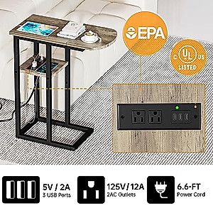 eiskah C Shaped End Table with Charging Station, Side Table for Living Room & Bedroom, Slide Under Couch Laptop Table with USB Ports and Outlets, Snack Tray Table for Couch & Bed
