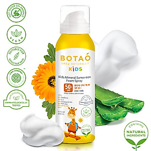 BOTAO Kid’s Mineral Zinc Oxide Sunscreen Foam Spray: SPF50 Broad Spectrum UVA UVB, Children or Kid’s for sensitive skin, Sunburn Protection, Zinc Oxide, 3.4 Oz (1-Pack)