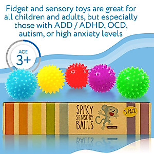 [5 Pack] Spiky Sensory Balls - Squeezy and Bouncy Fidget Toys - Sensory Toys – No BPA Phthalates Latex – School and Special Education Supply