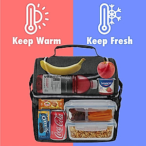 OPUX Lunch Box For Men Women, Insulated Large Double Decker Lunch Bag, Charcoal Gray, 10x7.5x10 Inches