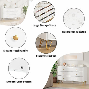 CARPETNAL White Dresser for Bedroom, 6 Drawer Dresser with Wide Drawers and Gold Metal Handles, Wood Dressers & Chest of Hallway, Nursery.