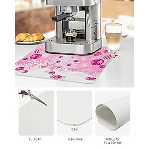 Coffee Mat for Counter, Pink Christmas Balls Xmas Tree Winter Snowflake Absorbent Hide Stain Coffee Bar Mat, Non-slip Coffee Bar Accessories Kitchen Drying Mat Fit Under Coffee Maker Espresso Machine