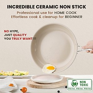 Kikcoin Non Stick Ceramic Frying Pans Skillet, 3 Pack Healthy Non Toxic Cookware Egg Cooking Pan with Stay Cool Handle, PFAS & PTFE & PFOA Free, Dishwasher & Oven Safe (8/9.5/11 inch)