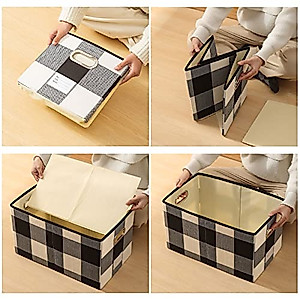 ANMINY 2PCS Storage Bins Set Cotton Linen Fabric Open Storage Basket Box Foldable Washable Rectangular Cube Organizer with Handles Label Window Pocket Thick PP Plastic Board - Medium, Black Plaid