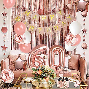 60th Birthday Decorations for Women, Happy Birthday Banner Cake Topper Rose Gold Curtain Happy 60th Birthday Sash 60 Balloon Number for 60th Anniversary Decorations Birthday Party Backdrop