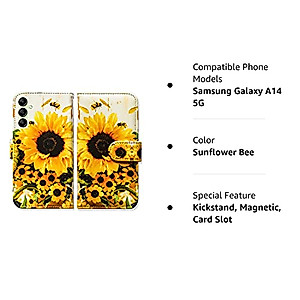 Bcov Galaxy A14 5G Case, Sunflower Bee Flip Phone Case Wallet Cover with Card Slot Holder Kickstand for Samsung Galaxy A14 5G
