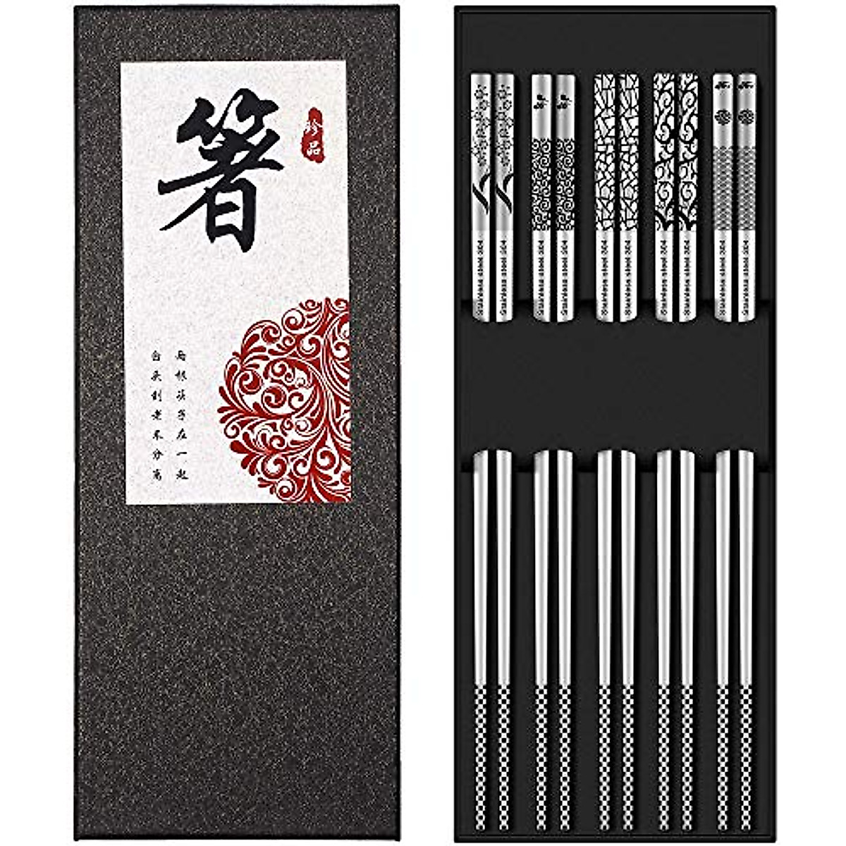 Metal Chopsticks Reusable 18/8 Stainless Steel Chopsticks Multipack Dishwasher Safe Chop Sticks Cute Laser Engraved Non-slip Japanese Korean Chopstick for Cooking Eating 9 1/4 Inches 5 Pairs Gift Set