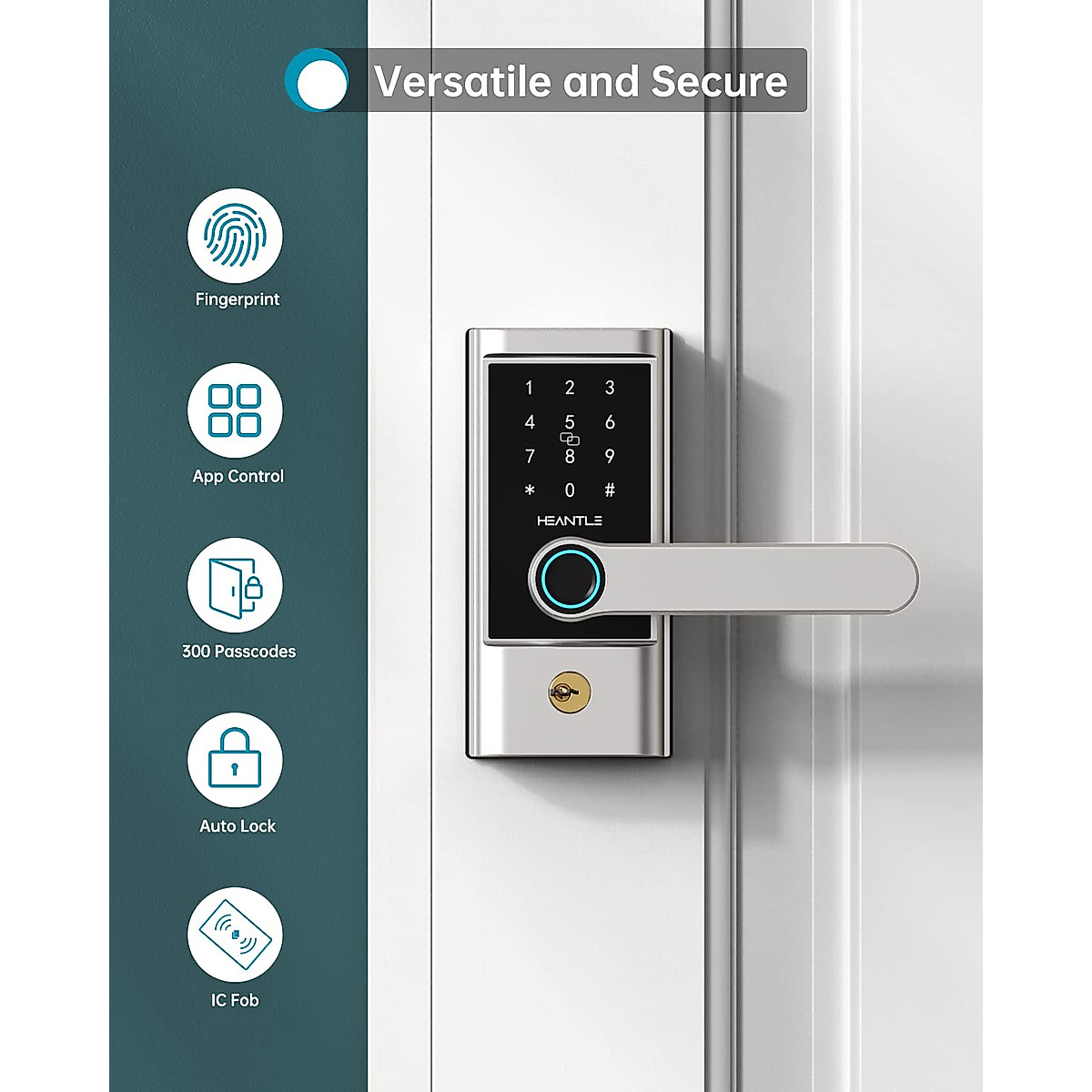 Smart Lock Keyless Entry Door- HEANTLE Fingerprint Bluetooth Electronic Lever Touchscreen Keypad Deadbolt Alternative Digital Handle for Front Door Auto Lock Compatible with Alexa Silver
