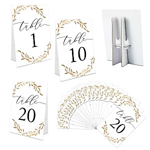 Wedding Table Numbers 1-20, Gold Leaf Wedding Decor, 4x6 Standing Sign Self-Standing Table Numbers for Bridal Showers, Baby Showers, Special Event, Reception & Decorations