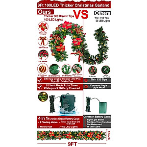 Timer & 8 Modes - 9 Ft Prelit Christmas Garland Decorations with 100 Lights 300 Branches 5 Poinsettias 4 Xmas Balls 18 Pinecones Needles 198 Berries Battery Operated Christmas Decoration Indoor Home