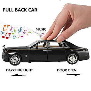 MYJJTYS Toy Car Rolls-Royce Phantom 1/24 Metal Die Casting Model Car for 3 4 5 6 7 Year Old boy Toy with Sound and Light,Classic Car Door Design, Car Logo Can be Folded(Black)