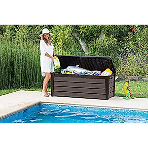 Keter Brushwood 120 Gallon Resin Large Deck Box for Patio Garden Furniture, Outdoor Cushion Storage, Pool Accessories, and Toys, Brown